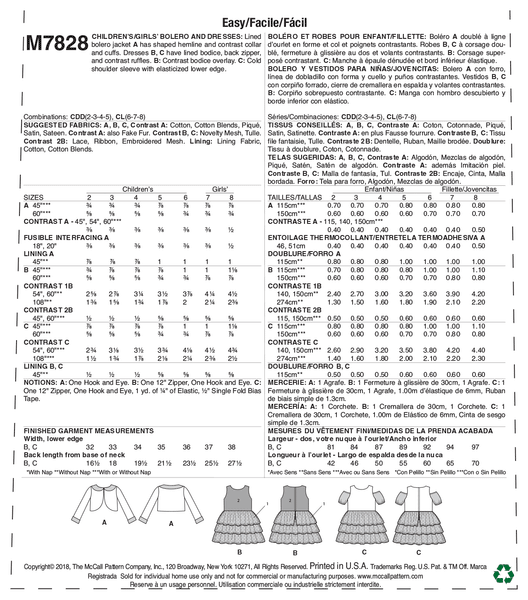 MCCALL'S SEWING PATTERN CHILDREN'S/GIRLS' BOLERO AND DRESSES 7828 ...