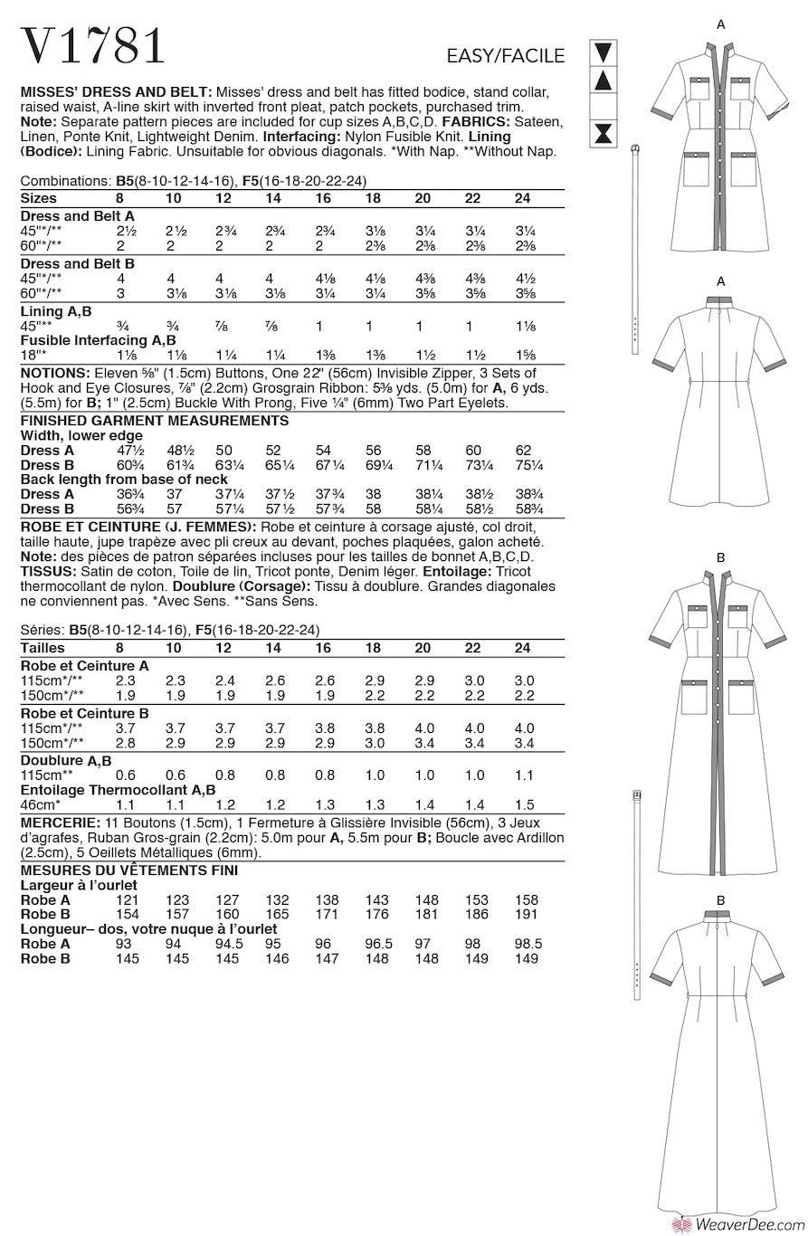 Vogue Pattern V1781 Misses' Dresses & Belt – WeaverDee.com