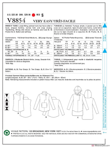 Vogue Pattern V8854 Misses' Hooded or Stand-Up Collar Tunics ...