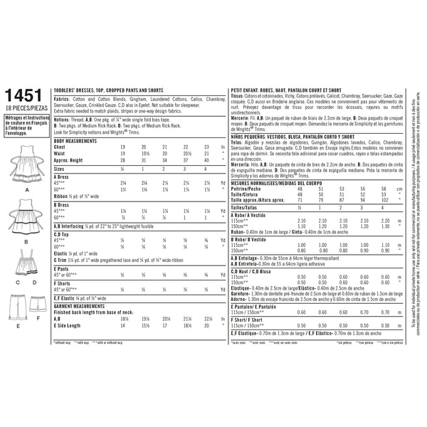 Simplicity Pattern S1451 Toddlers' Dresses, Top, Cropped Pants & Short ...